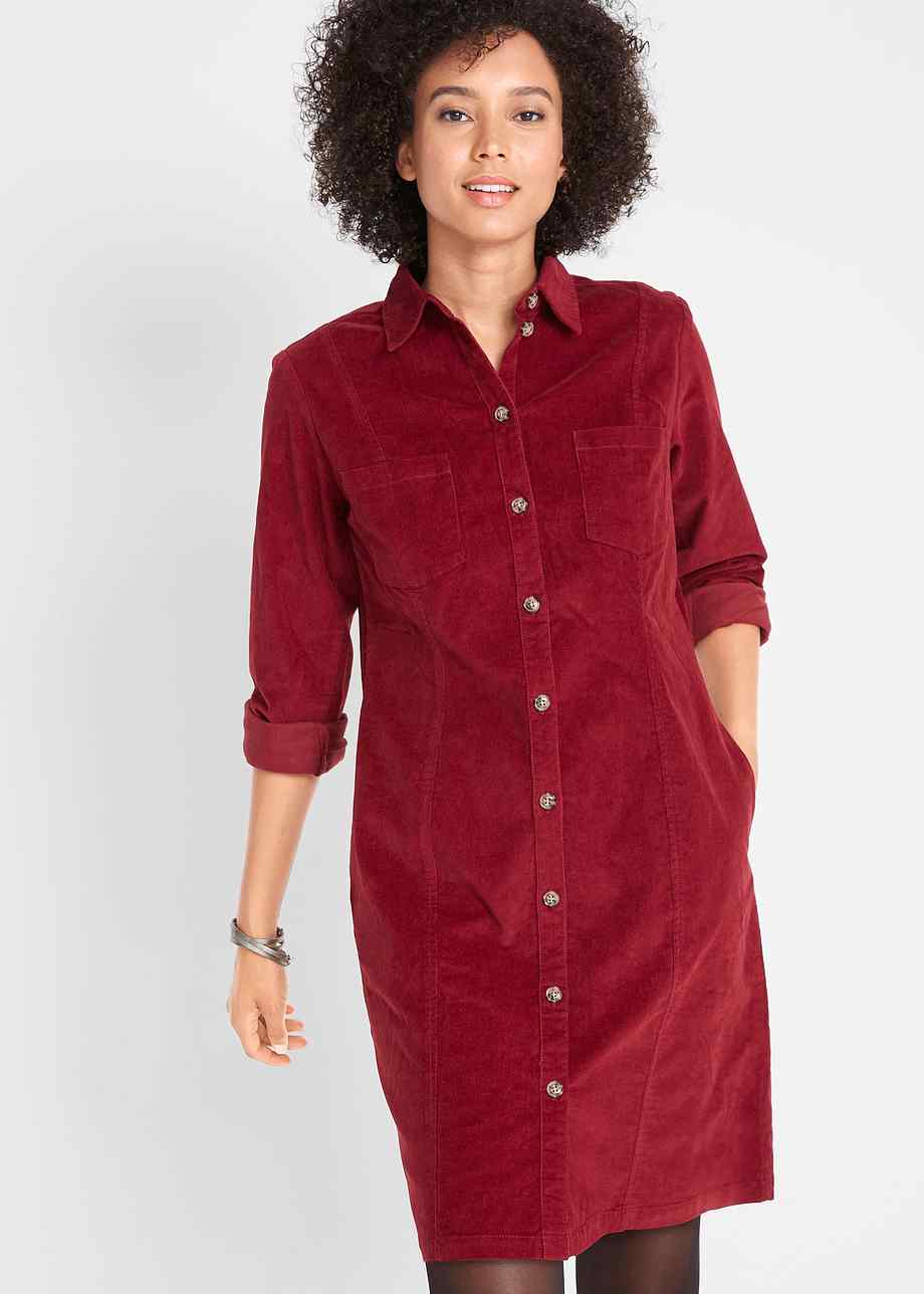 Robe moderne en velours côtelé extensible - rouge châtaigne